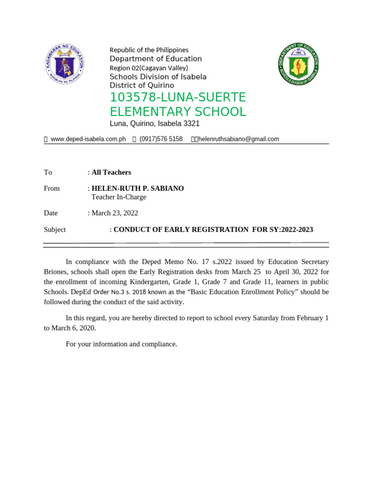 Early Registration Memo 2025