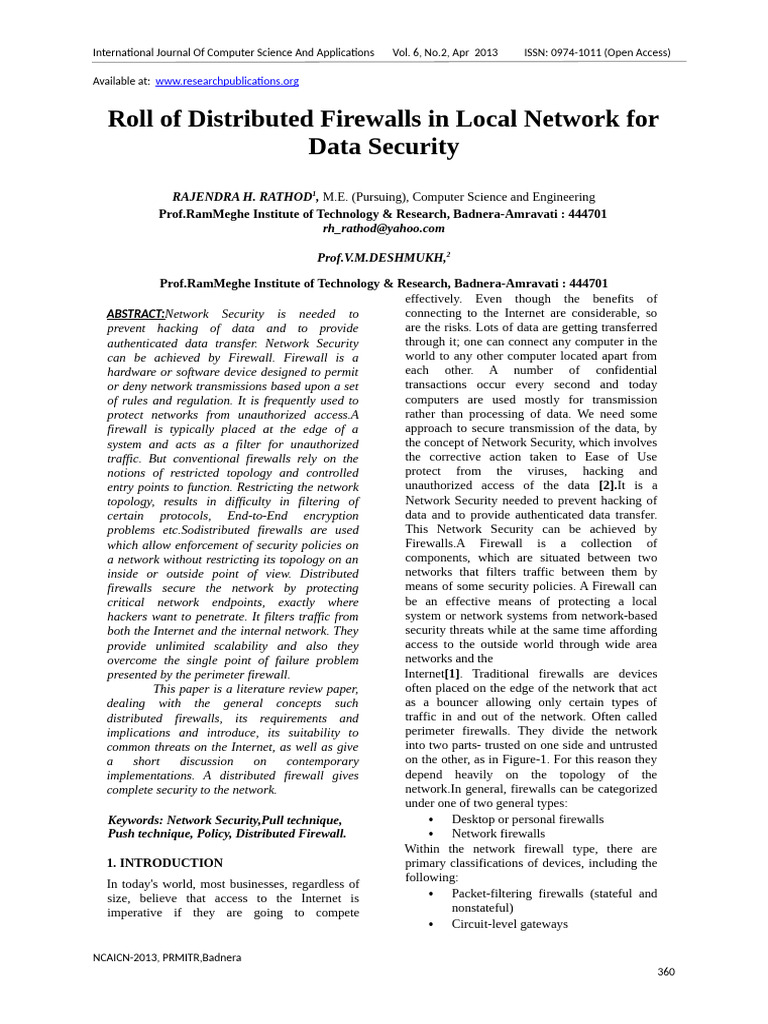 Roll of Distributed Firewalls in Local Network For Data Security | PDF