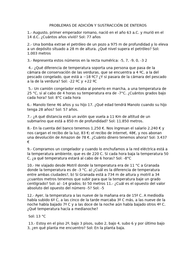 Problemas de Adición y Sustracción de Enteros | PDF