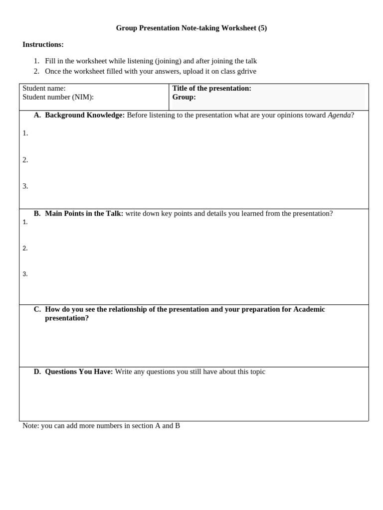 Group Presentation Note 5-8 | PDF | Worksheet