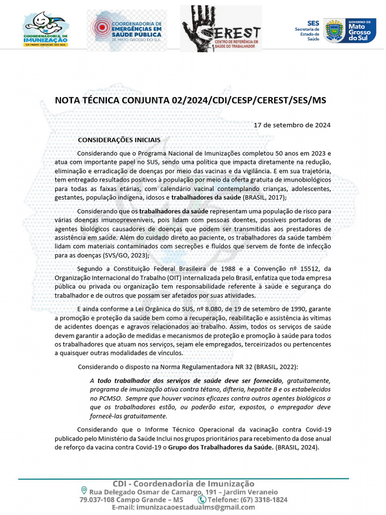 Nota Técnica Conjunta 02.2024 Cdi-Cesp-Cerest - Saúde Vacina Mais Final 17.09.2024 | PDF