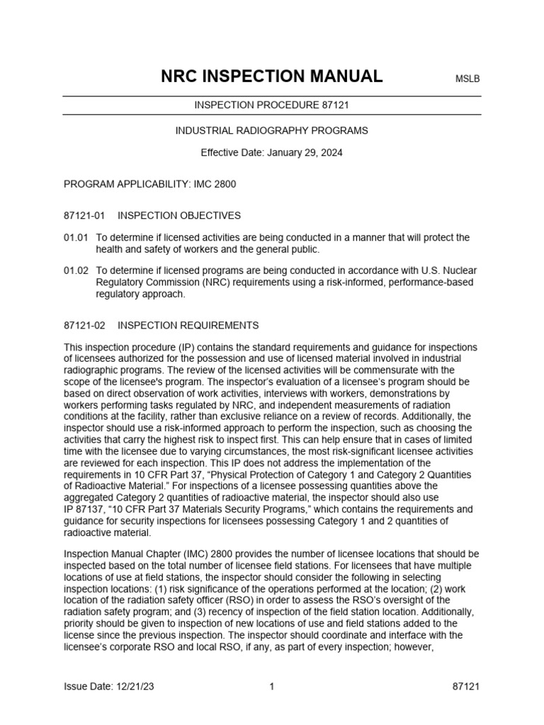 NRC Inspection Manual - Inspection Procedure 87126 - Industrial ...