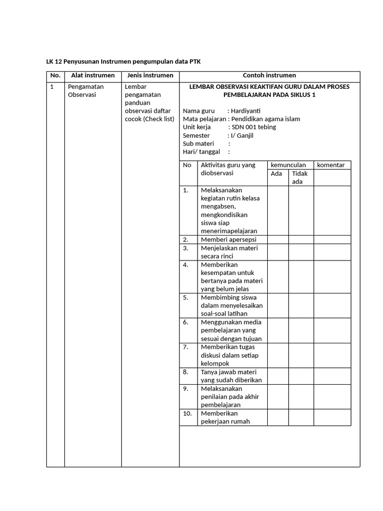 LK 12 Penyusunan Instrumen Pengumpulan Data PTK | PDF