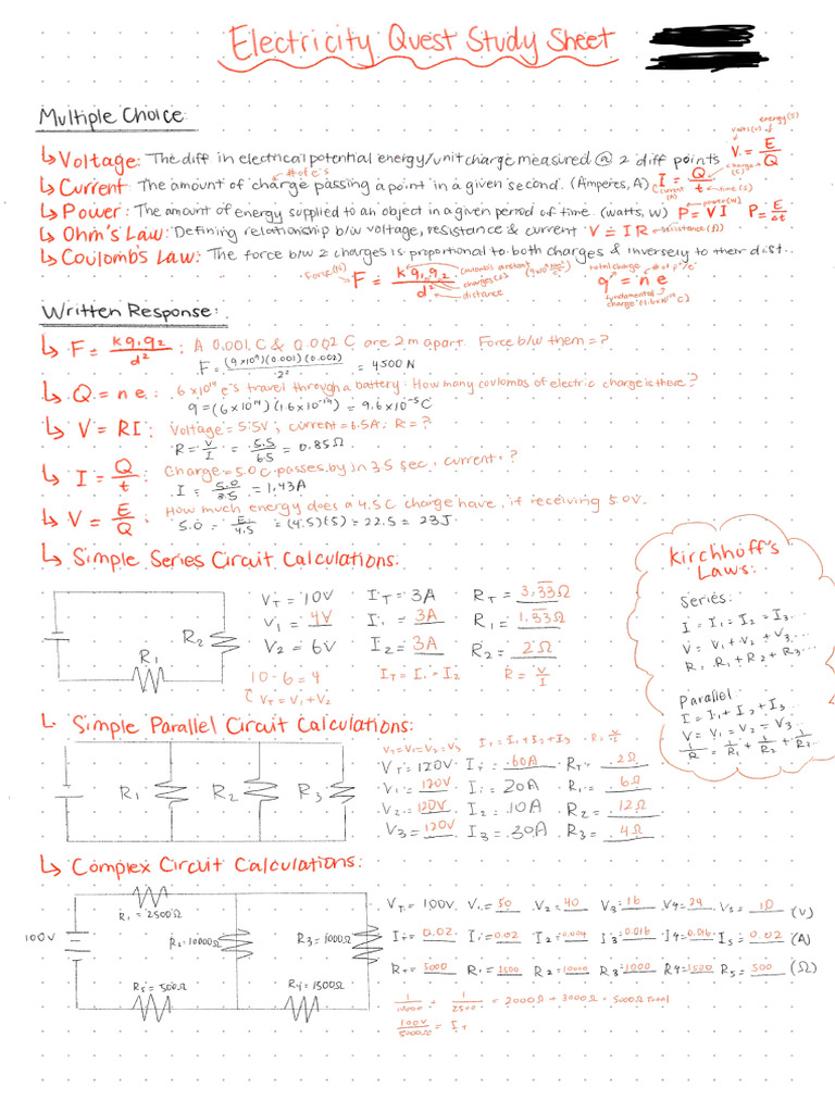 Electricity Quest Study Sheet | PDF