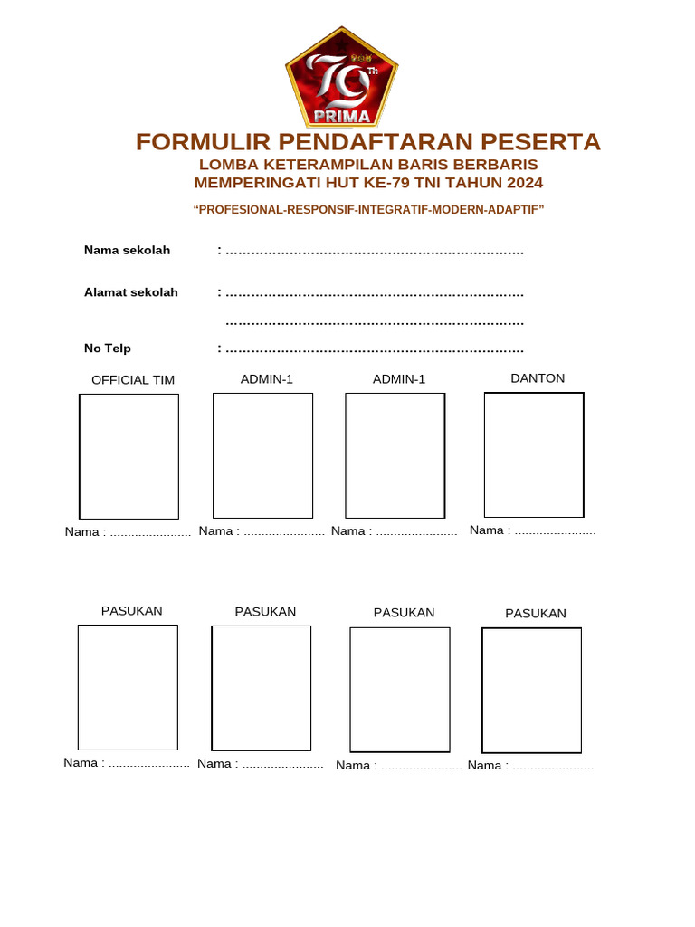 Formulir Pendaftaran Peserta Lomba PBB Hut Tni 2024 | PDF