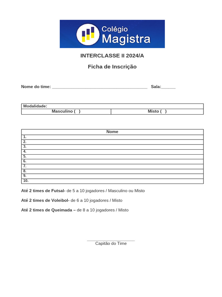 Ficha Inscrição - Interclasse A | PDF