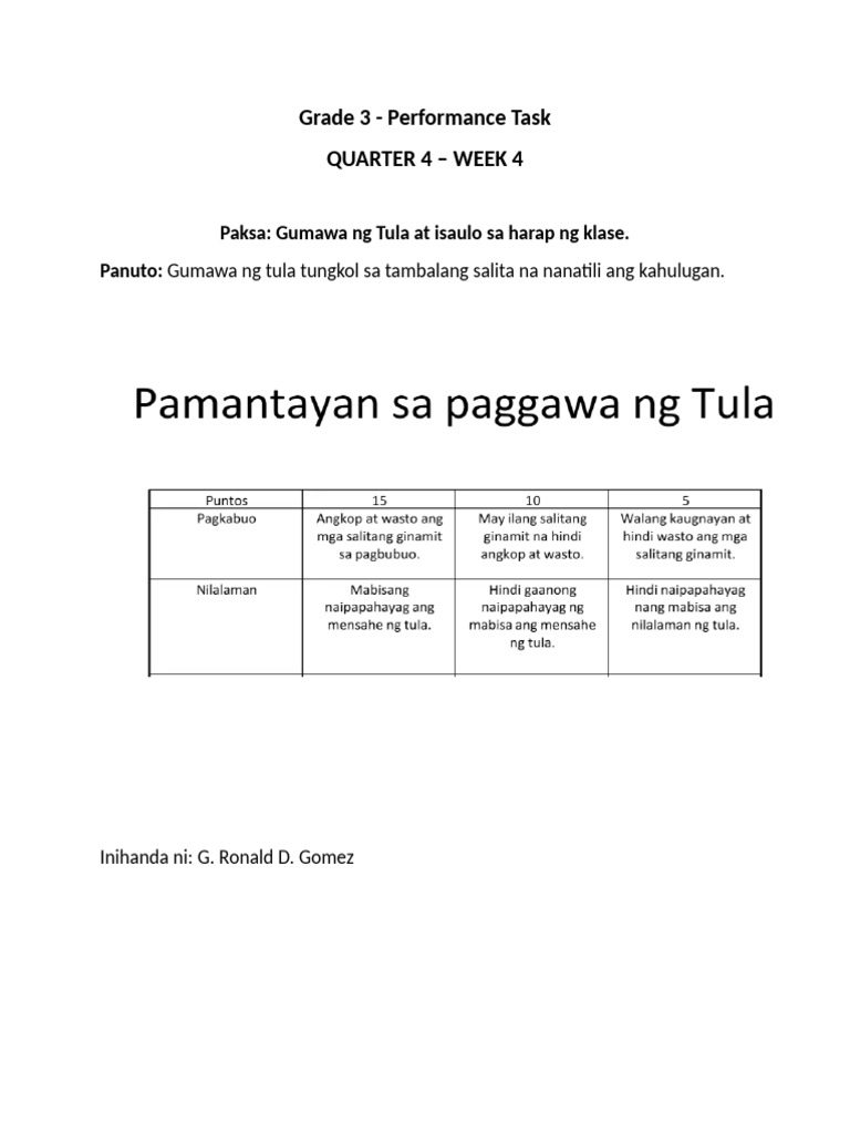 Grade 3 Performance Task | PDF