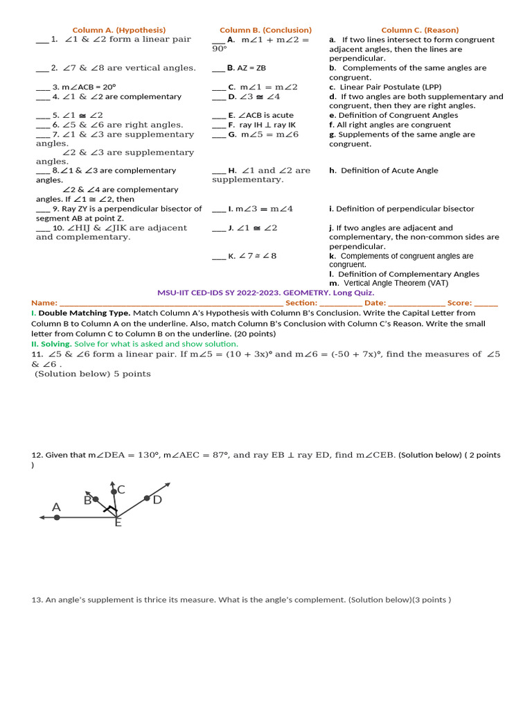 2Q Long Quiz Geometry Final | PDF | Perpendicular | Angle