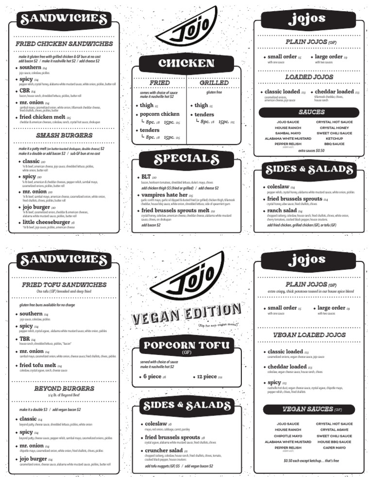 Jojo Regular Vegan Menus | PDF | Coleslaw | Sauce