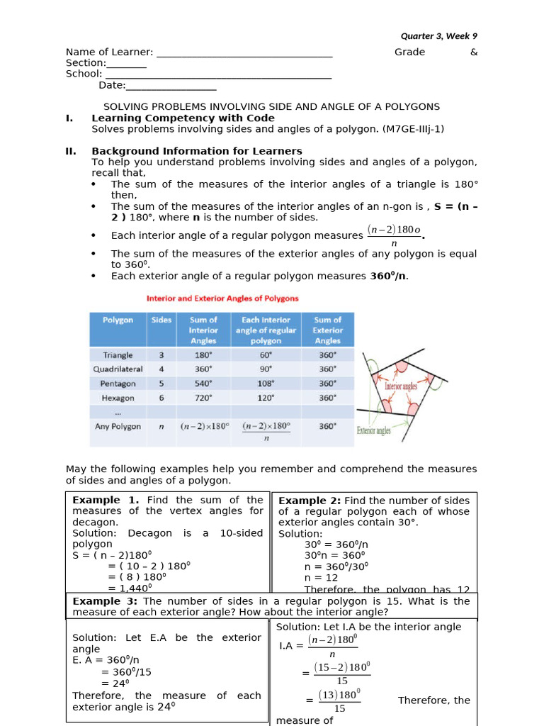 G7-Q3-11-Solving Problems Involving... | PDF | Polygon | Angle