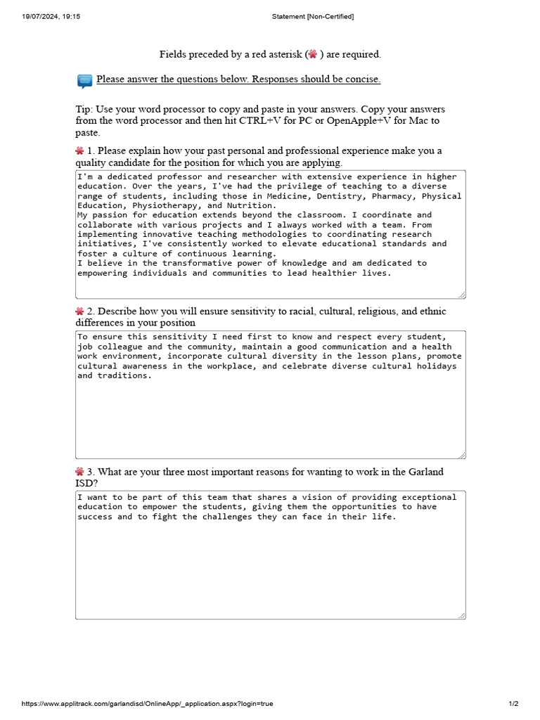 Garland Independent School District - Employment Application | PDF