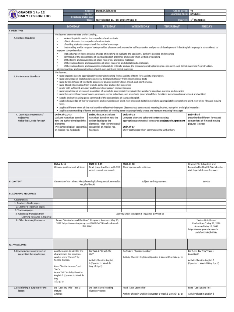 DLL - English 6 - Q1 - W8 | PDF