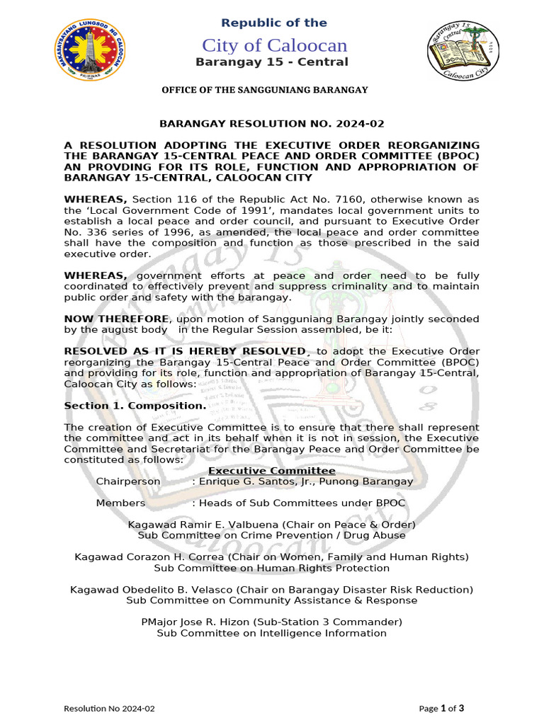 Resolution No. 02 - Adopting EO Re-Organizing BPOC | PDF
