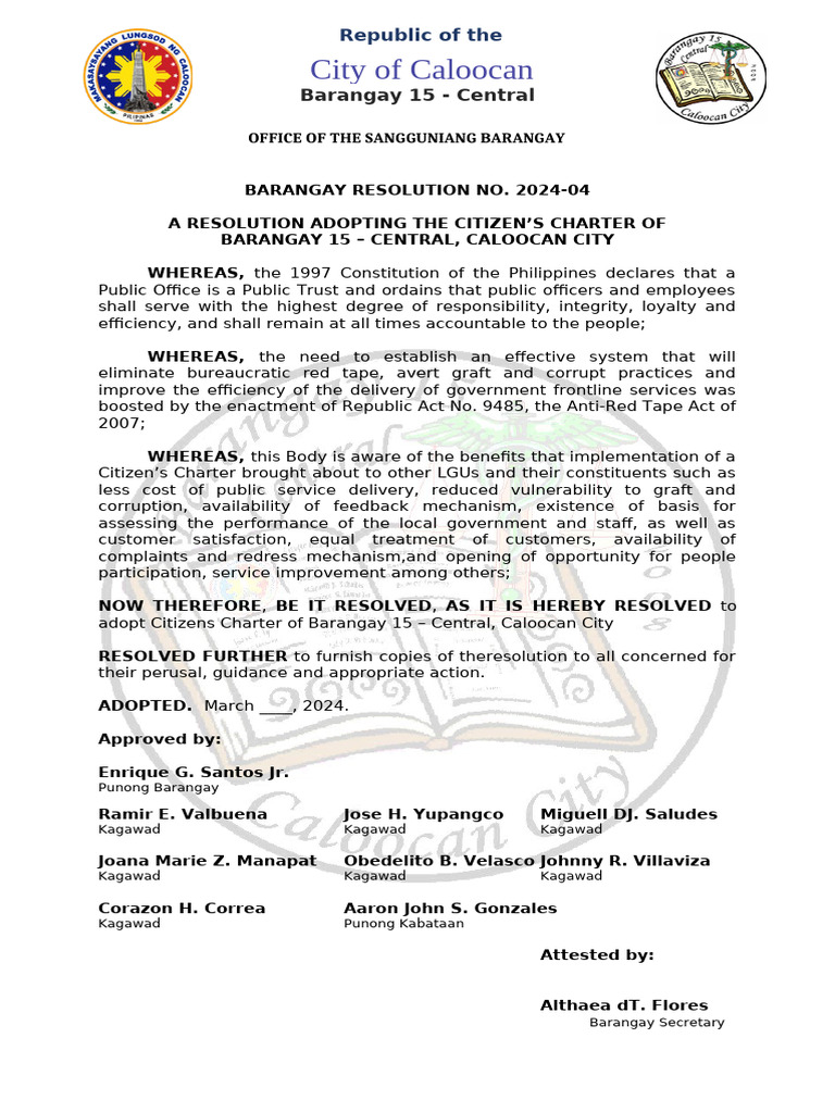 Resolution No. 04 - Adopting Citizens Charter | PDF