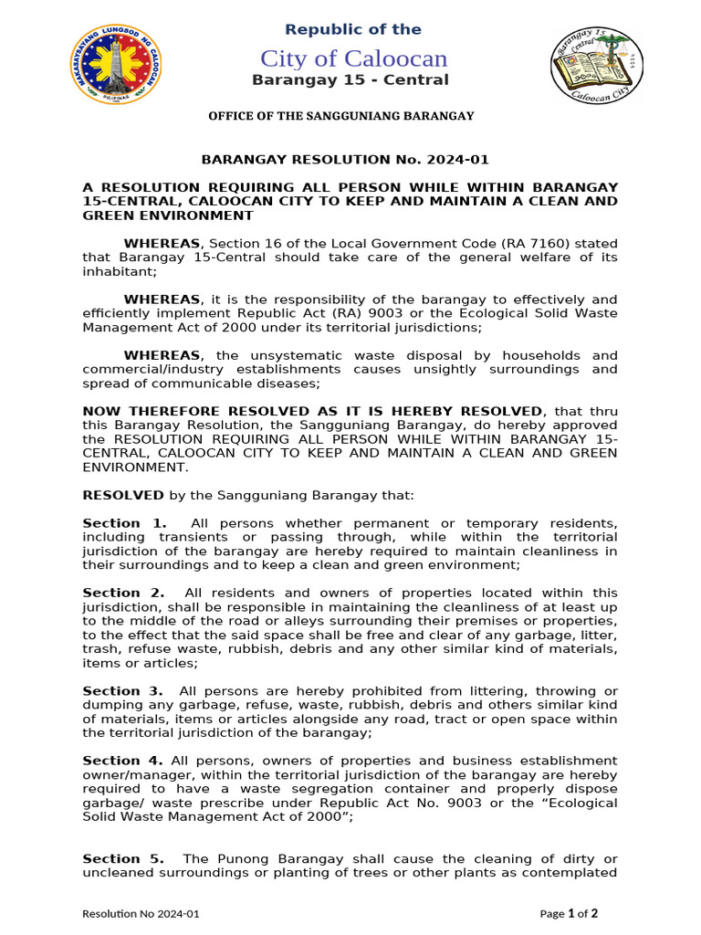 Resolution No. 01 - Clean and Green | PDF