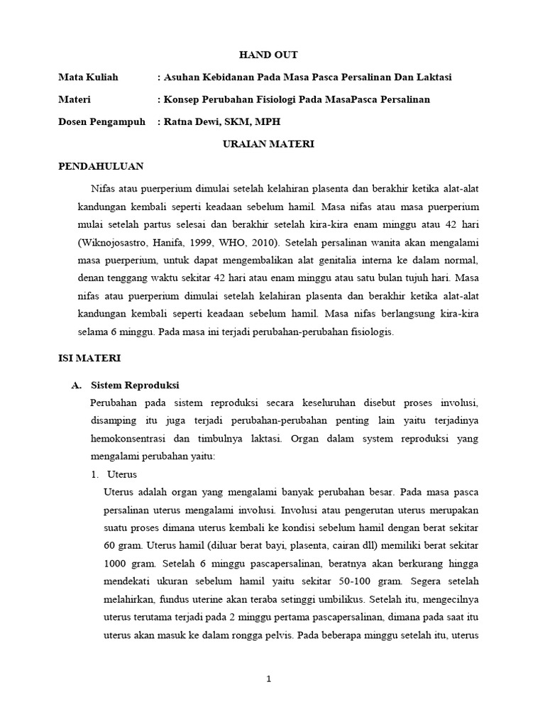 2 - HAND OUT Konsep Perubahan Fisiologi Pada MasaPasca Persalinan | PDF