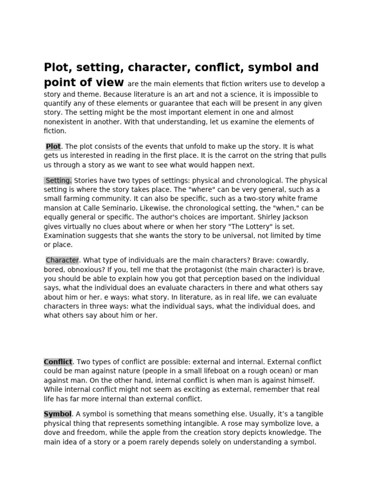 Plot, Setting, Character, Conflict, Symbol and Point of View | PDF ...