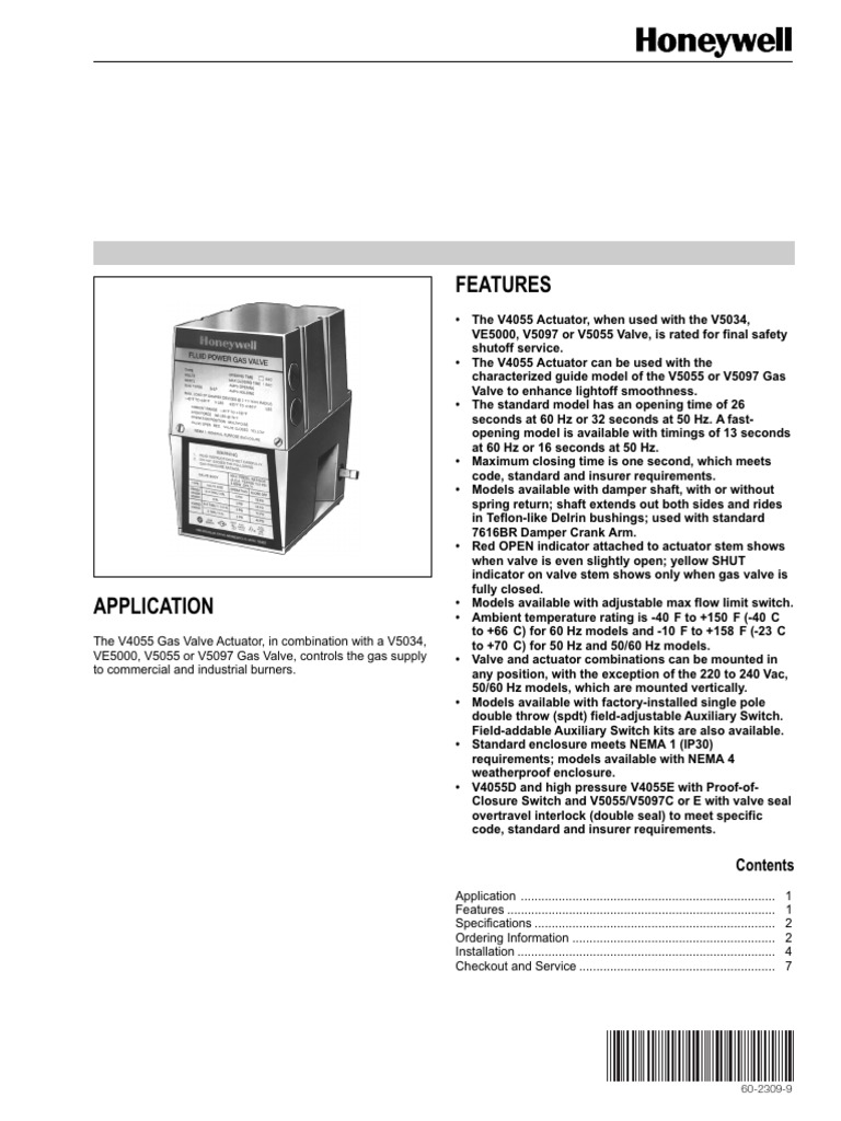 V4055A, B, D, E On-Off Fluid Power Gas Valve Actuator: Features | PDF