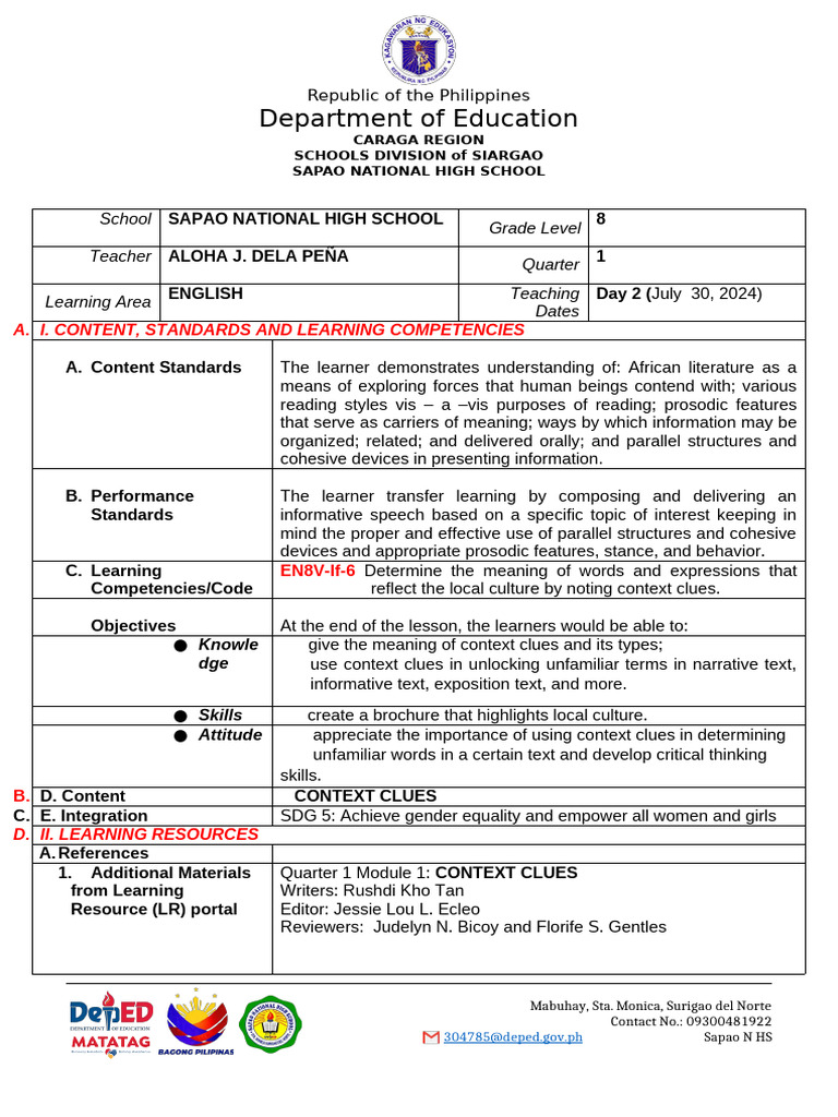 DLP-ENGLISH 8 (MATATAG FORMAT) DAY 2 | PDF