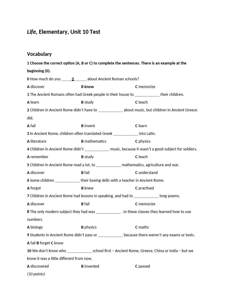 Life 2e Elementary Unit 10 Test Word | PDF