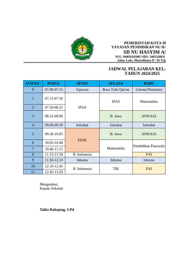 Jadwal Pelajaran Semester I 2024 2025 Pdf