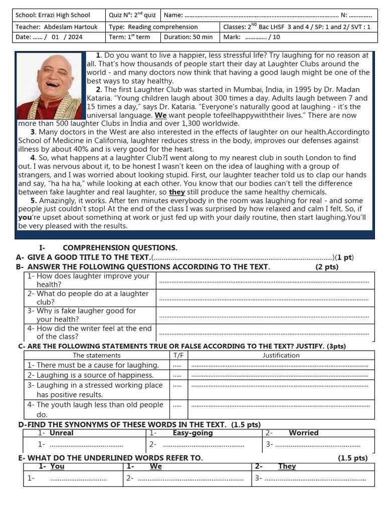 1st Quiz 1st Semester 2nd Bac 2023 and 2024 | PDF | Laughter