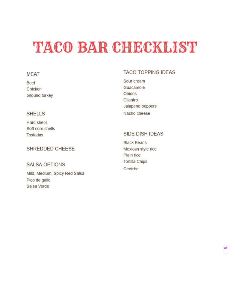 Taco Bar Checklist - Google Docs | PDF
