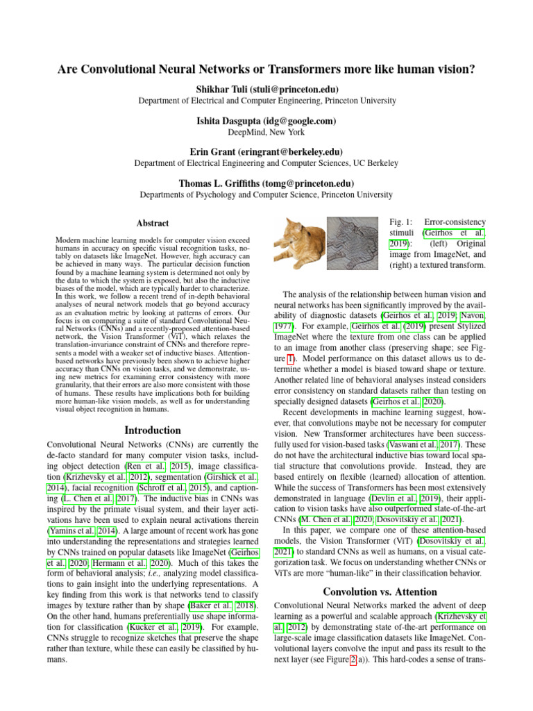 Are Convolutional Neural Networks or Transformers More Like Human Vision? | PDF