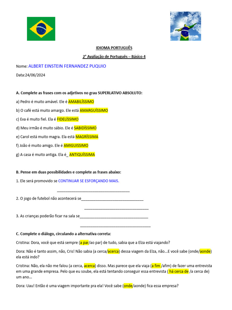 2 Provinha Portugués Básico 4 | PDF