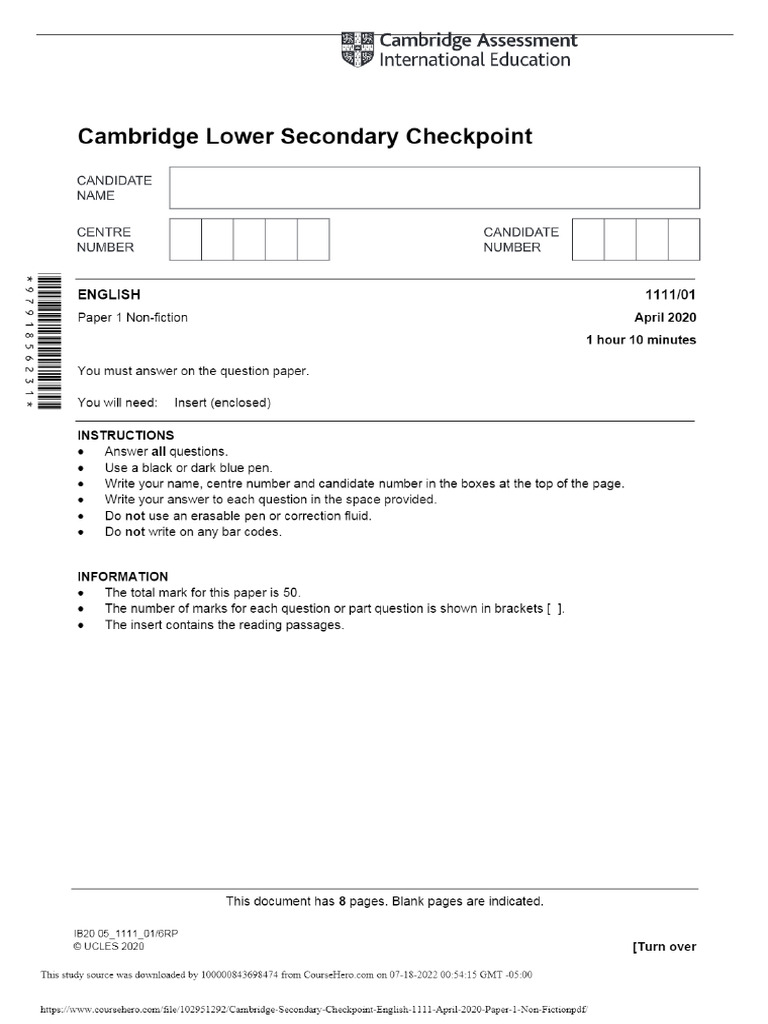 Cambridge Secondary Checkpoint English 1111 April 2020 Paper 1 Non ...