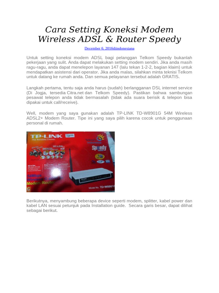 Cara Setting Koneksi Modem Wireless ADSL | PDF | Internet Access ...