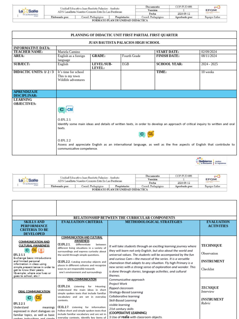 PLANNING OF DIDACTIC UNIT FIRST PARTIAL FIRST QUARTER (Fourth Grade) | PDF