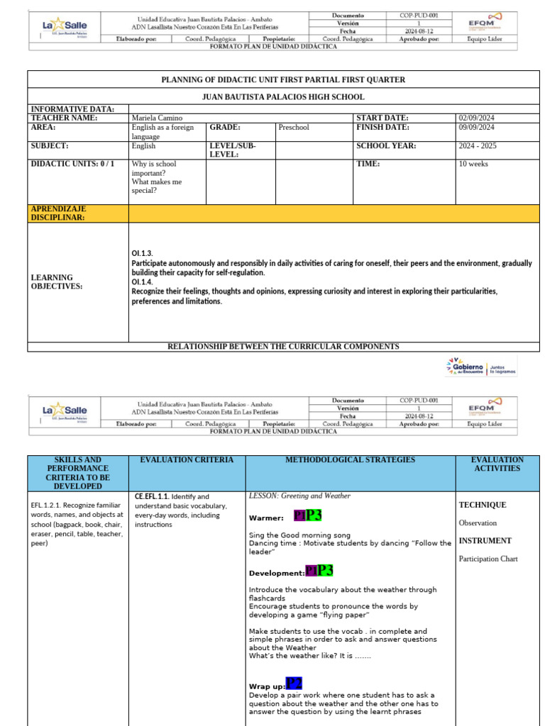 Planning of Didactic Unit First Partial First Quarter (Preschool) | PDF