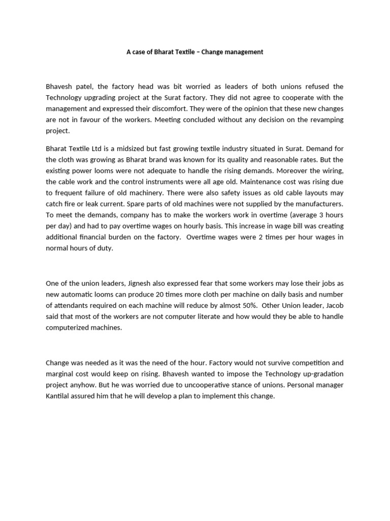 A Case of Bharat Textile - Change Management | PDF