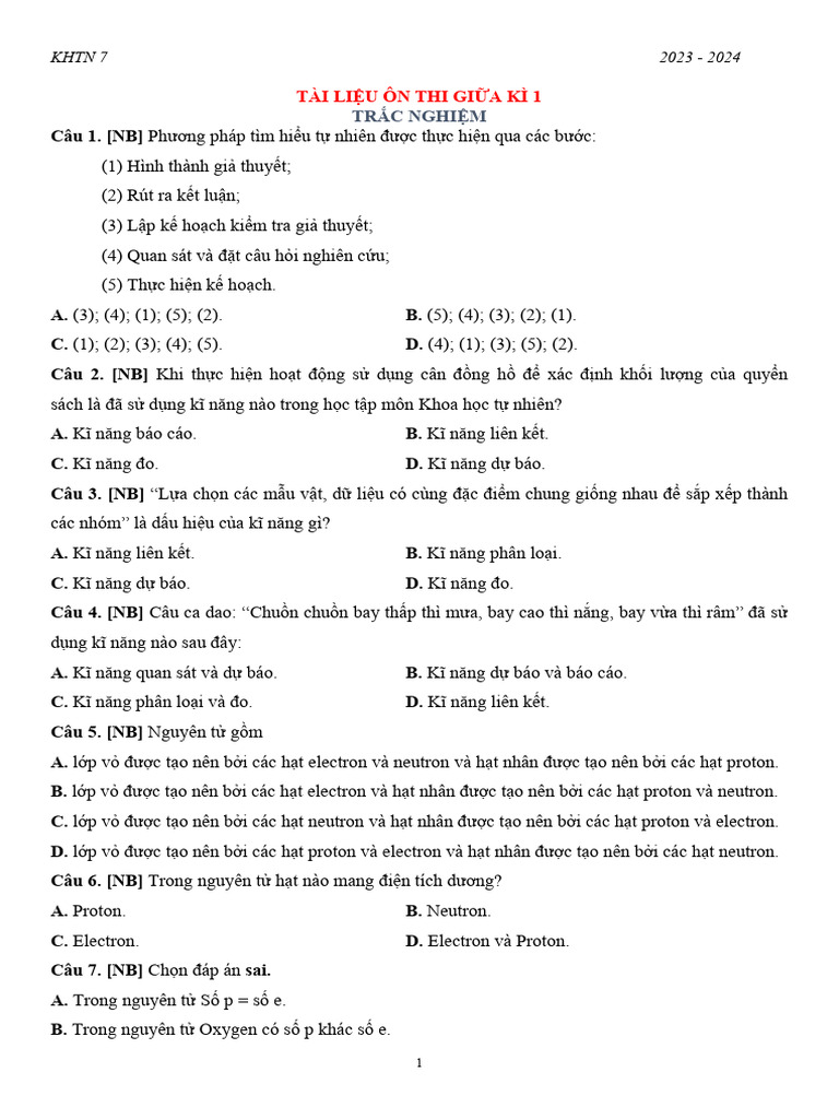 Tham KH o Gi A Kì 1 KHTN 7 | PDF