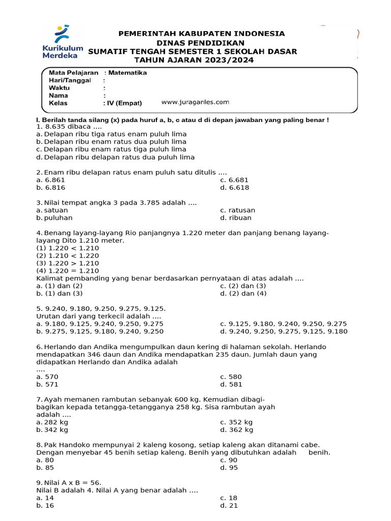 Soal Saja PTS STS Matematika Kelas 4 Semester 1 Kurikulum Merdeka T A 2023 2024 | PDF