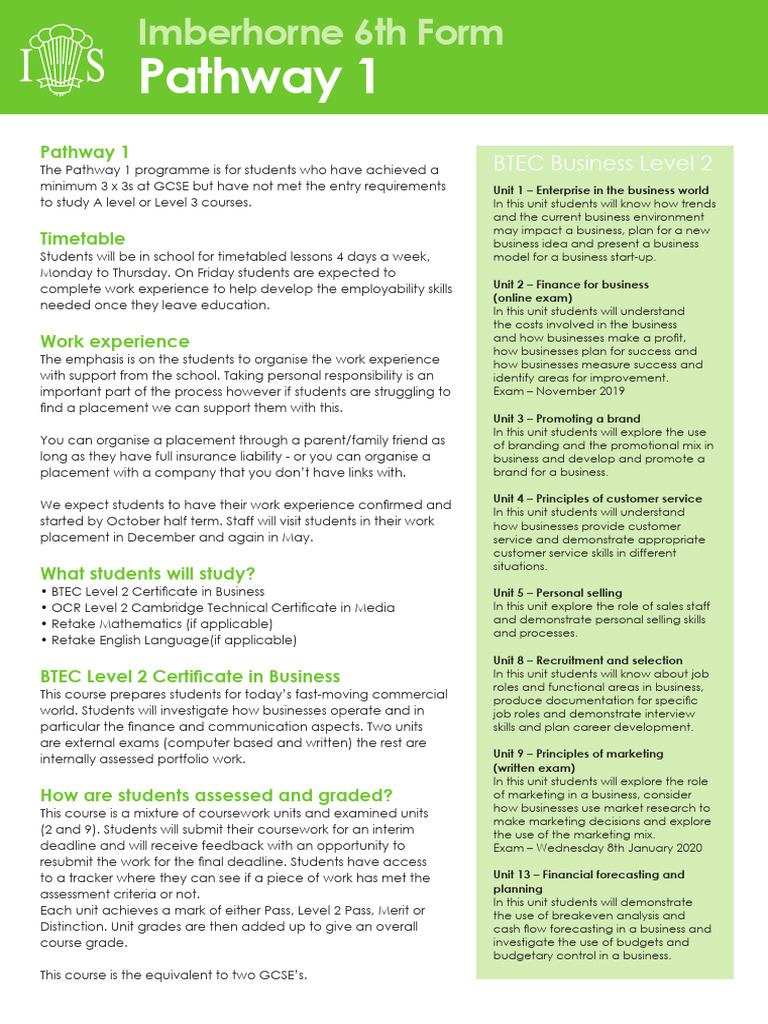 Imberhorne 6th Form Pathway 1 Overview | PDF