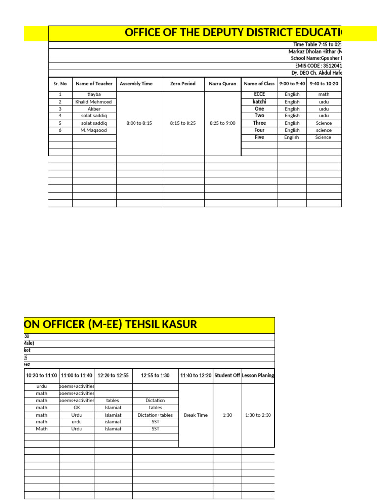 Time Table GPS Sher Kot | PDF