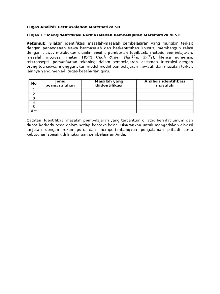 Tugas 1. Analisis Permasalahan Matematika SD | PDF Tugas 1. Analisis Permasalahan Matematika SD | PDF