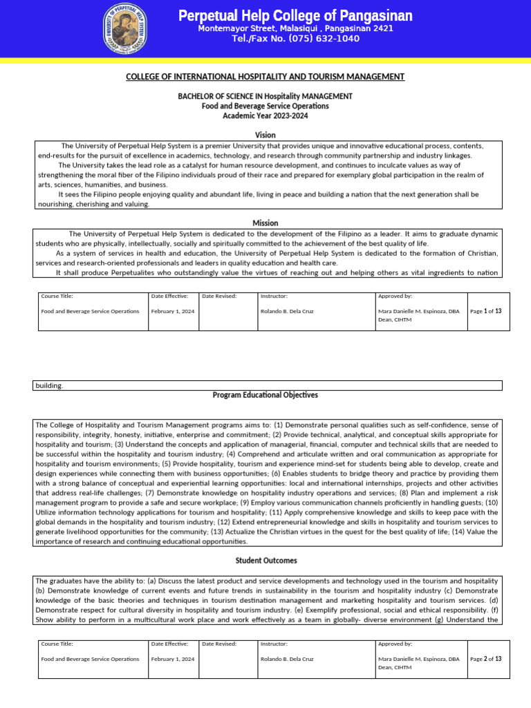 Syllabus Food and Beverage Service Operations 2023 2024 | PDF