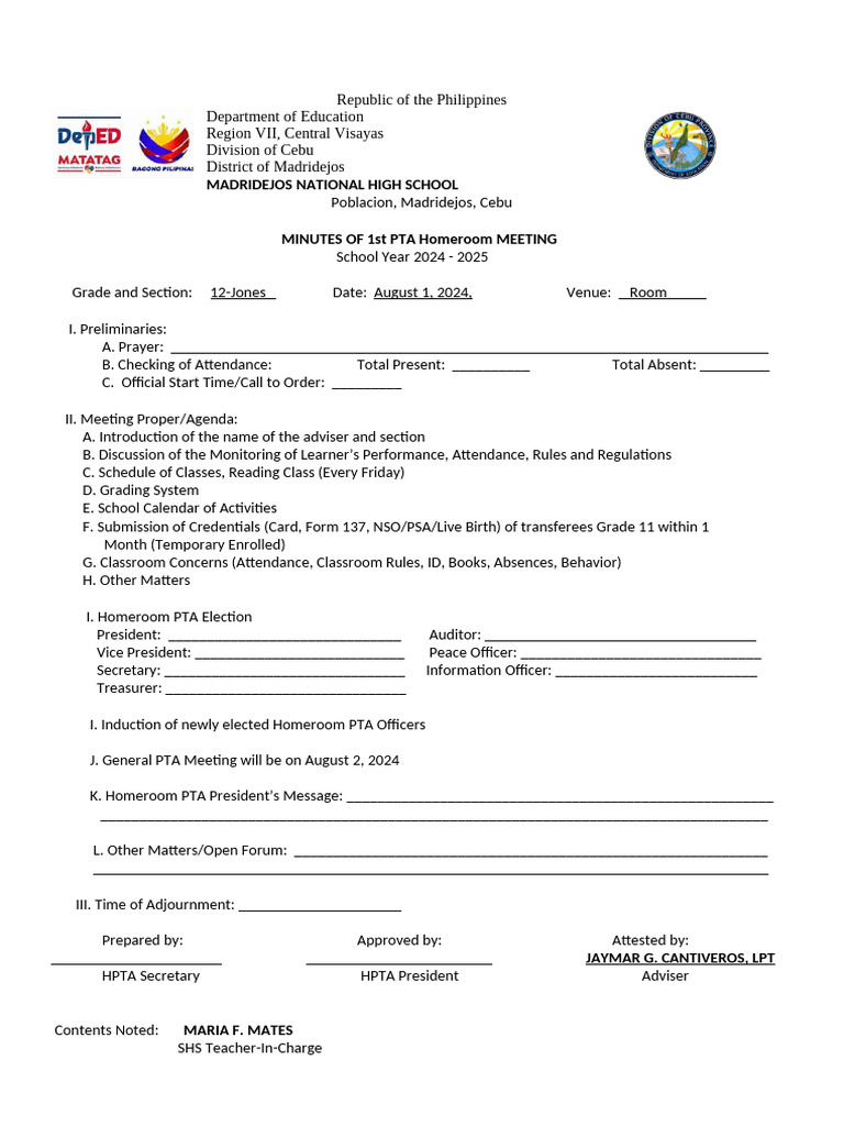 Minutes of 1ST Pta 2024 2025 | PDF