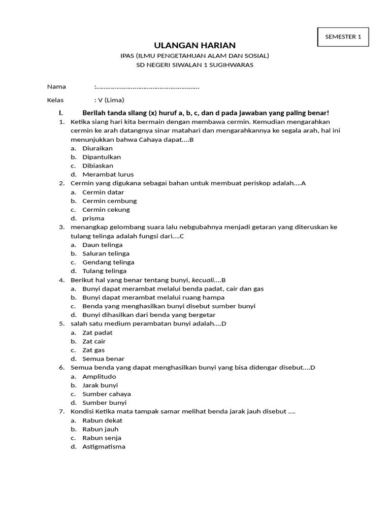 ULANGAN HARIAN Ipas Kls 5 | PDF