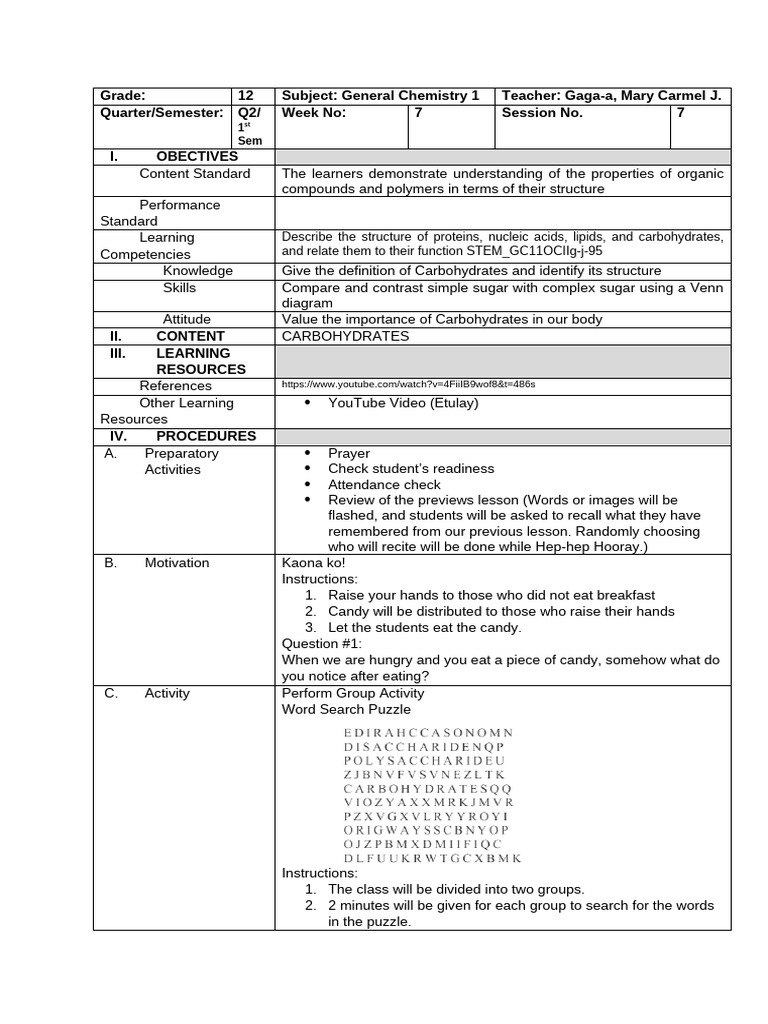 GeneralChemistry-1 Q2 W7 Lessonplan | PDF | Carbohydrates | Nutrition