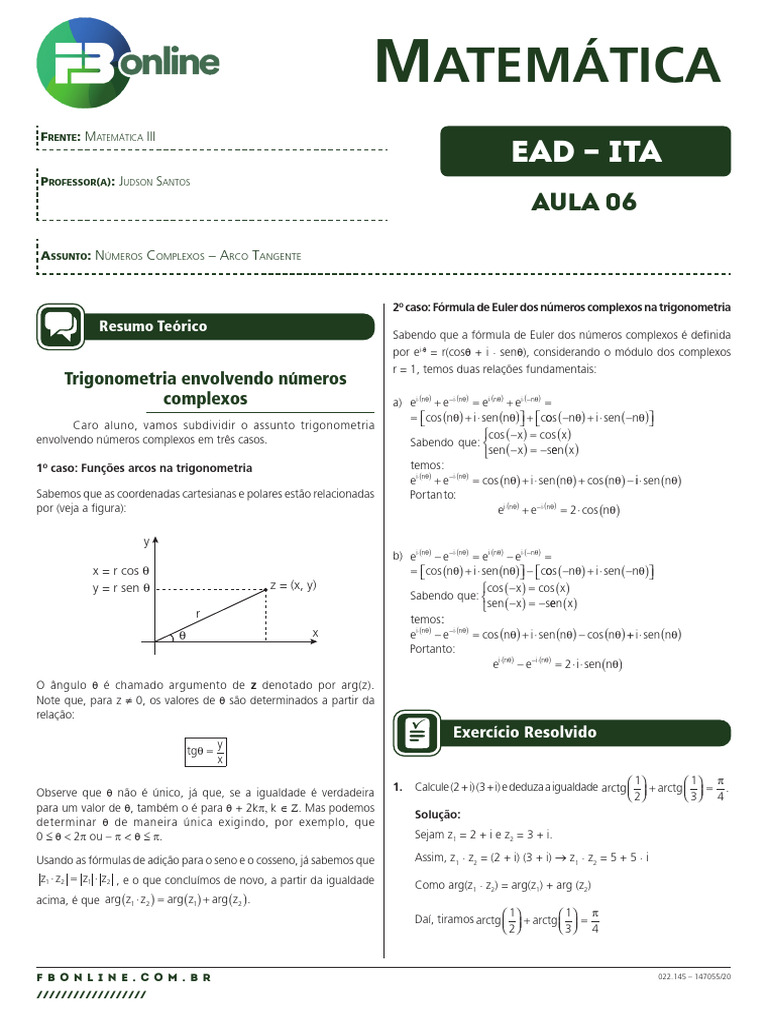 Lista Aula 06 - Números Complexos Arco Tangente | PDF