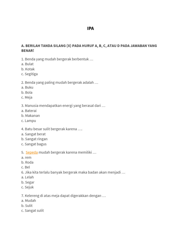 Soal Dan Kunci Jawaban IPA Kelas 1 | PDF