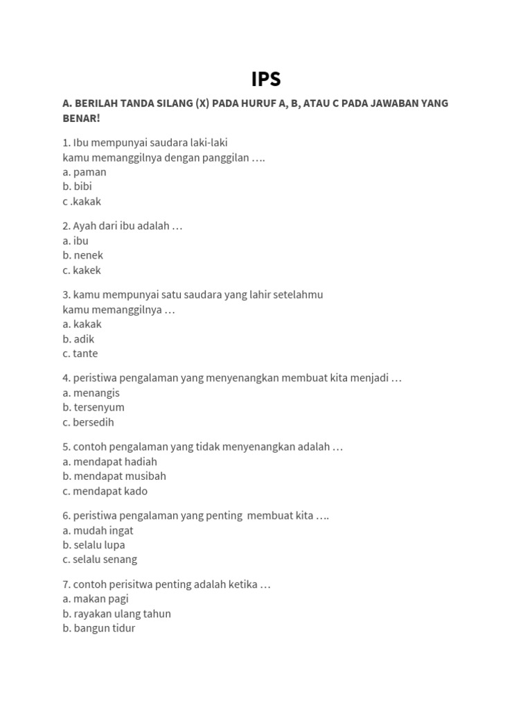 Soal Dan Kunci Jawaban IPS Kelas 1 | PDF