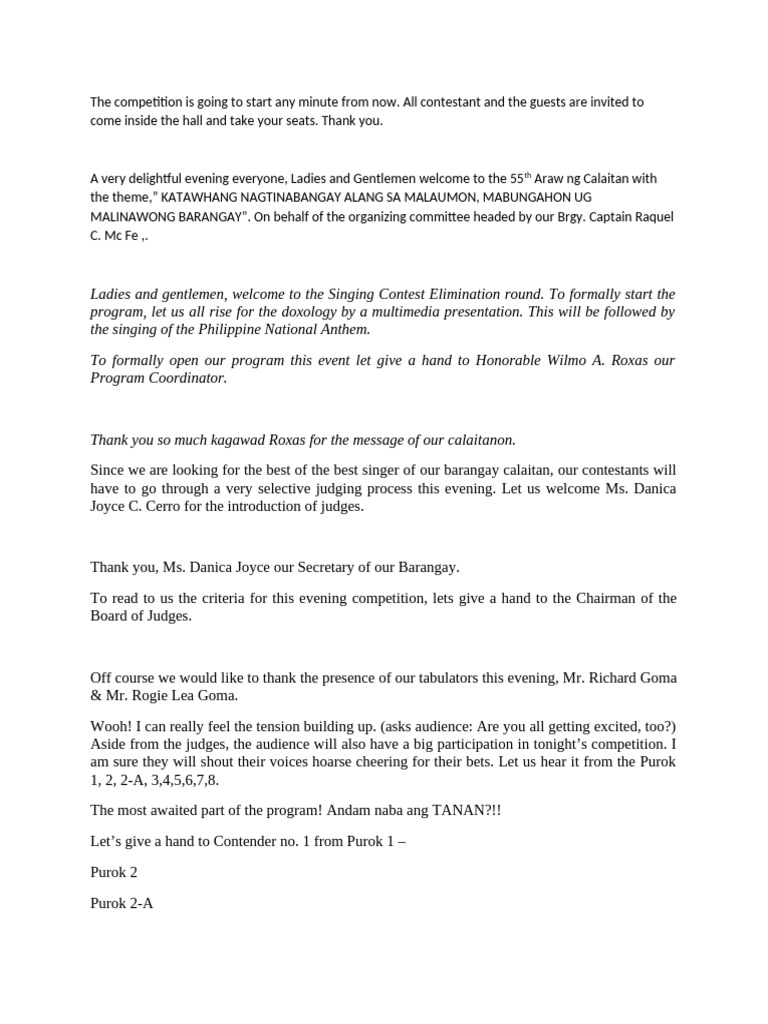 Script in Singing Competition | PDF | Home & Garden | Art