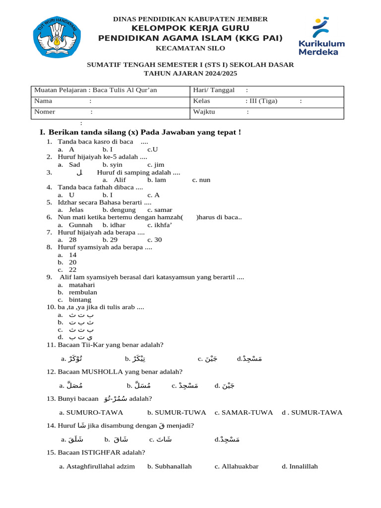Soal Sts 1 Bta Kelas 3 | PDF
