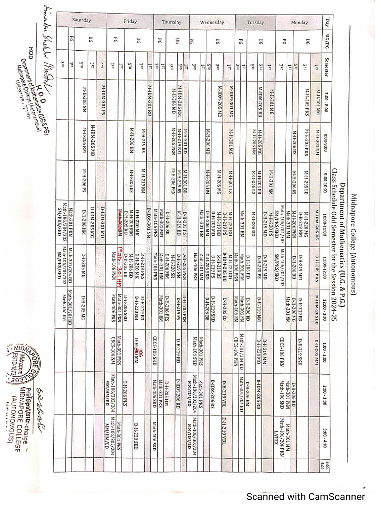 Math Class Schedule-Odd Sem 2024 | PDF