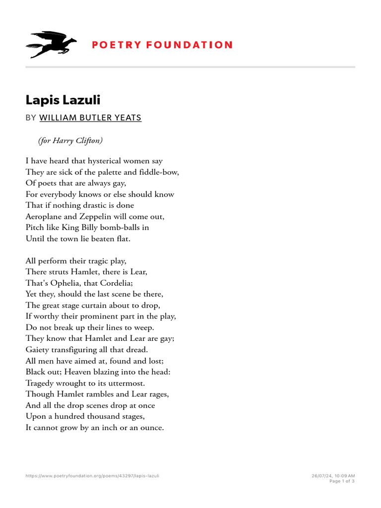 Yeats' Lapis Lazuli: A Poetic Analysis | PDF | Classics